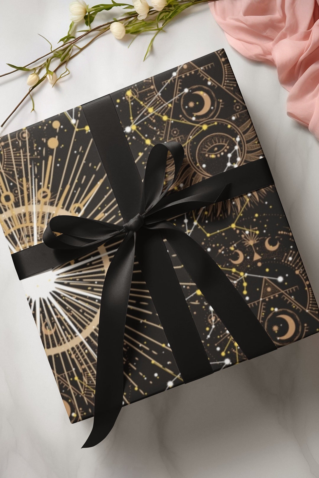 Black Celestial Gift Wrapping Paper: Witchy Moon & Stars, Protective ...