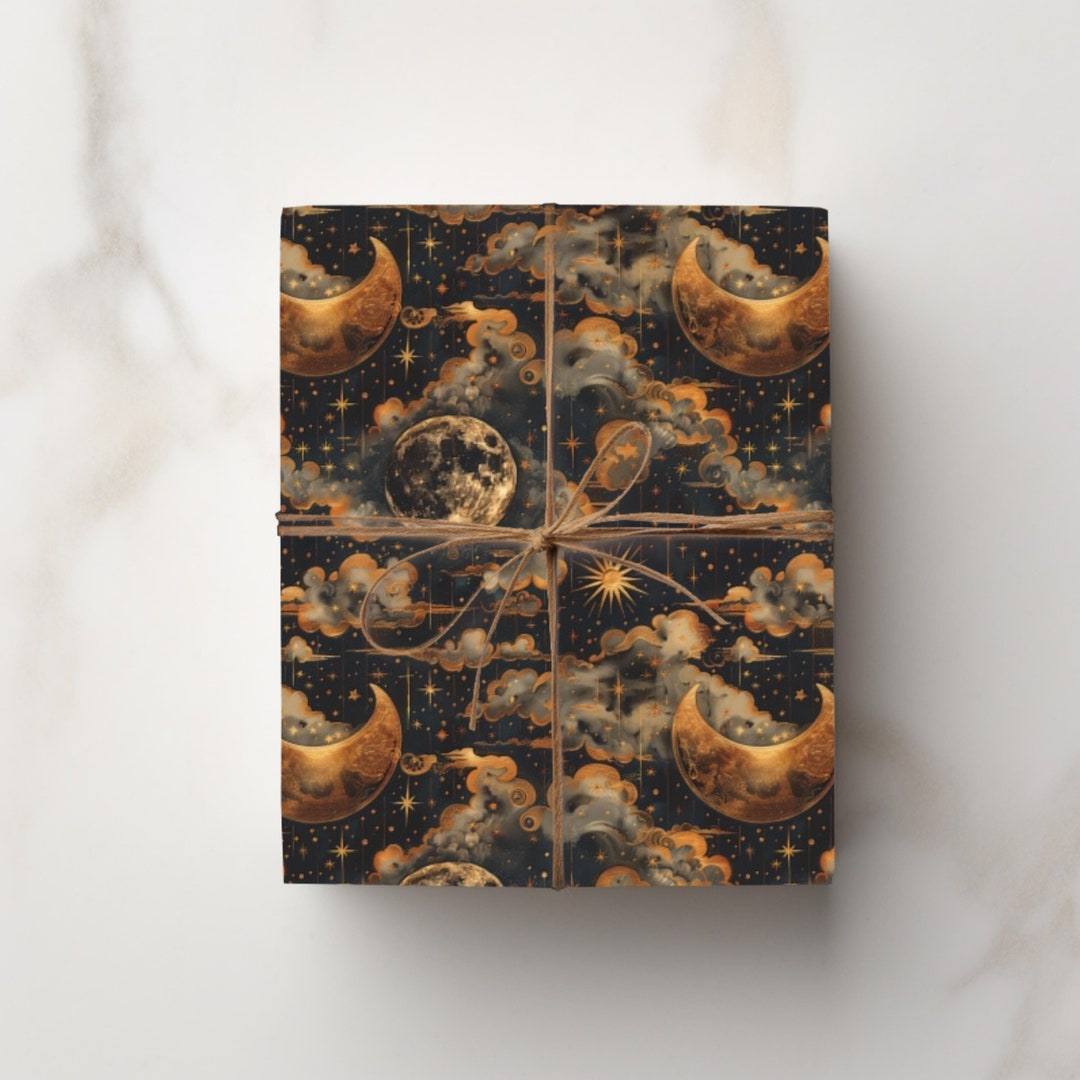 Vintage Celestial Gift Wrapping Paper: Retro Moon & Stars Galaxy Design ...