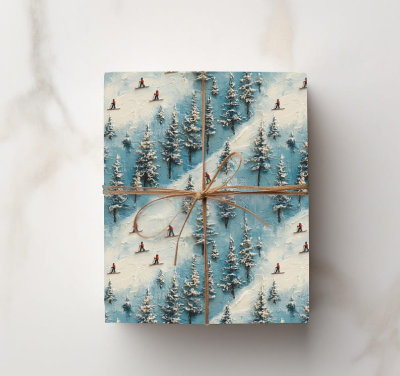Gift Wrapping Paper With Tiny Skiers in a Winter Forest Ski Slopes - Etsy