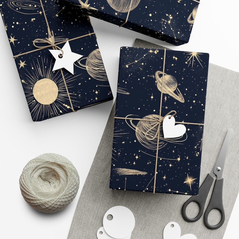 Black Whimsical Celestial Gift Wrap Paper – Vintage Cosmic Stars ...