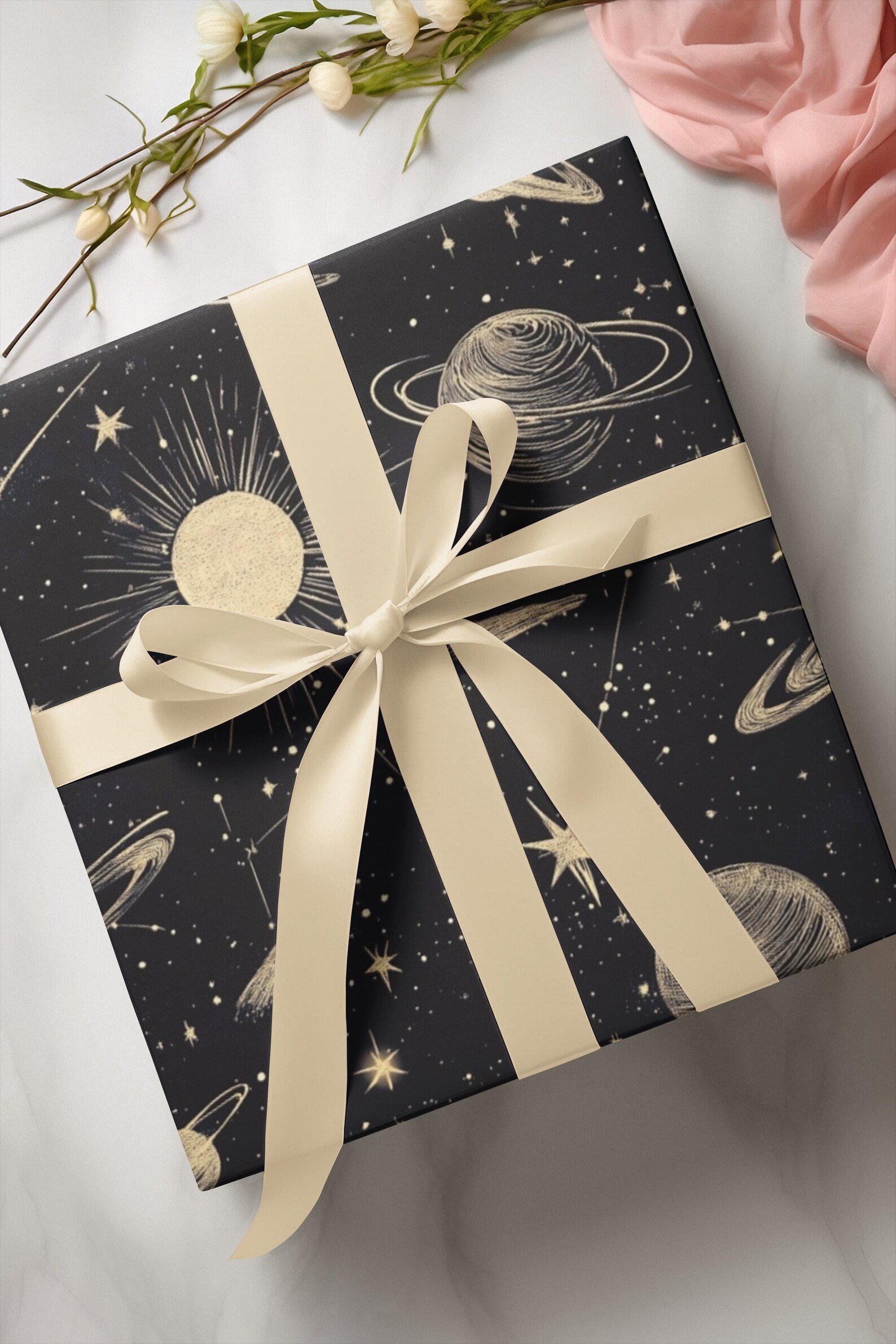 Black Whimsical Celestial Gift Wrap Paper – Vintage Cosmic Stars ...
