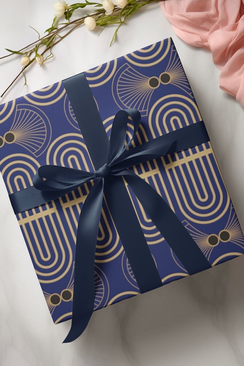 Art Deco Royal Blue Gift Wrapping Paper, Elegant Present Wrap in Rolls ...