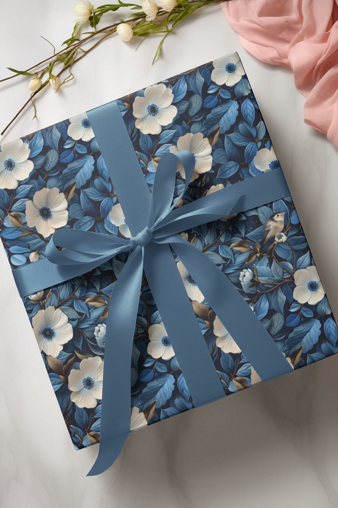 Elegant Blue Floral Gift Wrap With Birds for Birthday or Mother's Day ...