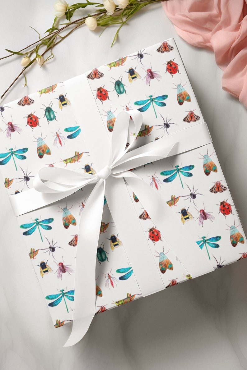 Insects Gift Wrapping Paper With Bugs - Dragonflies, Ladybugs, Bees, Butterflies, Spiders ...