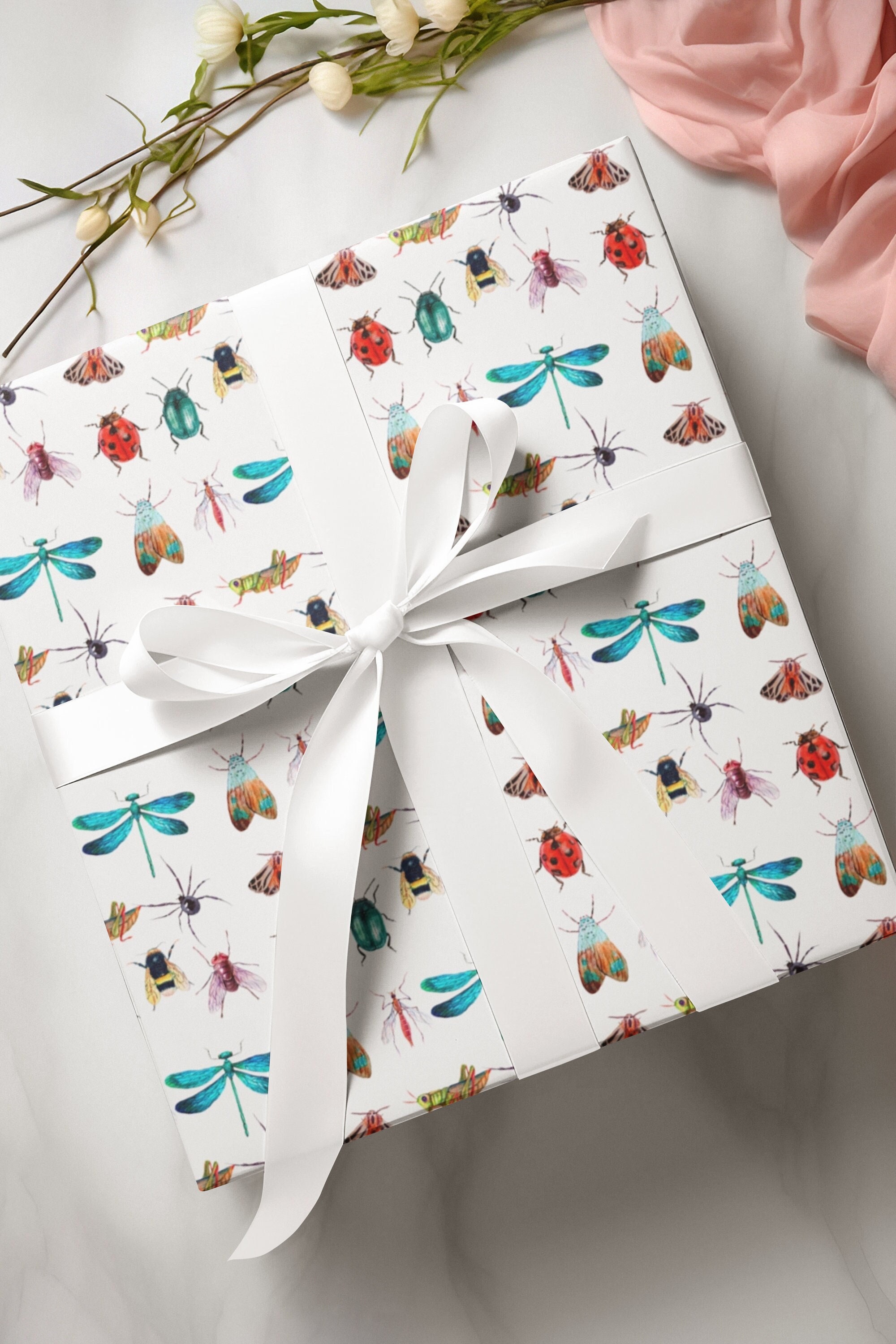 Insects Gift Wrapping Paper With Bugs - Dragonflies, Ladybugs, Bees ...