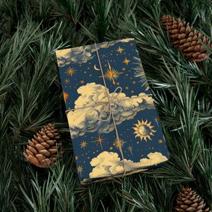Vintage Blue Celestial Wrapping Paper With Moon, Sun, Clouds, Stars ...