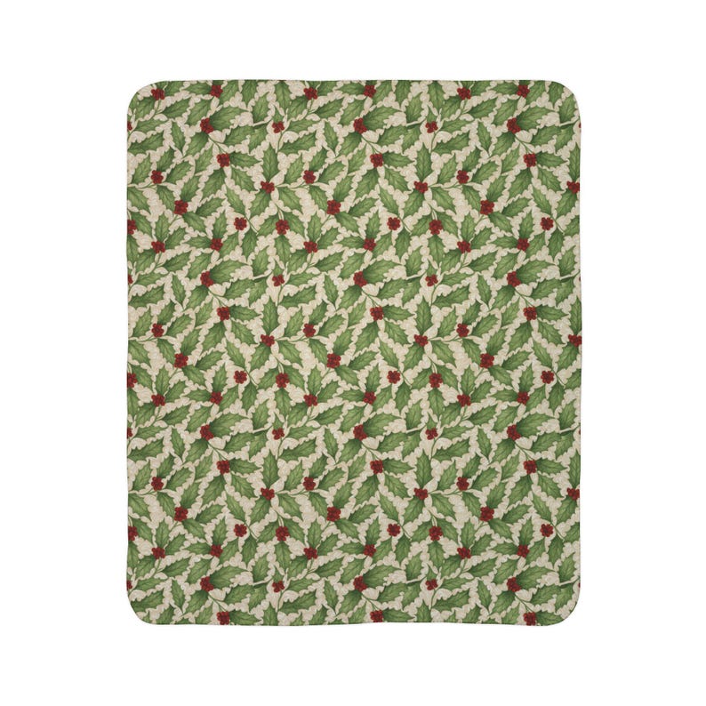 Manta de lã sherpa festiva com azevinho - folhas verdes e frutos ...