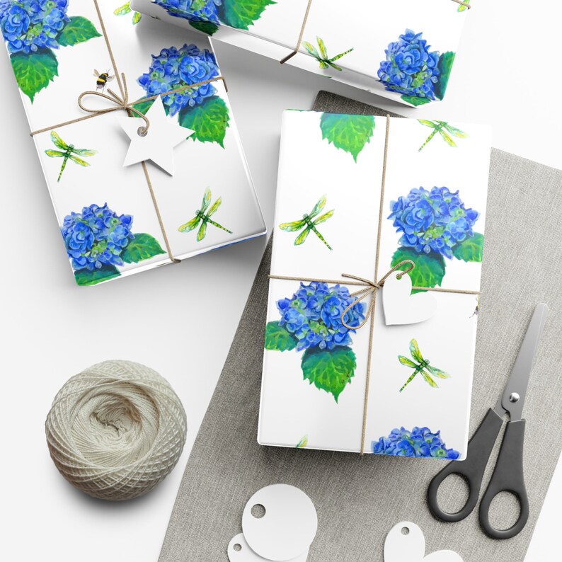 Blue Hortensia Gift Rapping Paper With Hydrangeas, Botanical Present ...