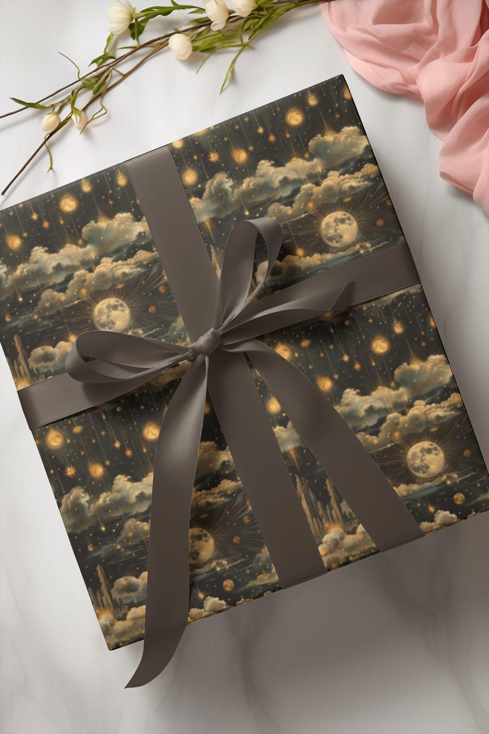 Celestial Kingdom Gift Wrap, Moon & Stars, Dark Academia Wrapping Paper ...
