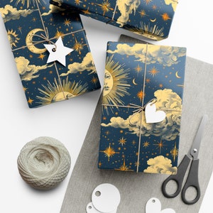 Vintage Blue Celestial Wrapping Paper With Moon, Sun, Clouds, Stars ...
