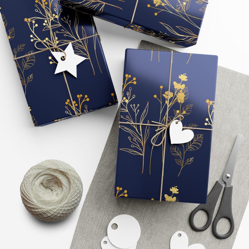 Gift Wrapping Paper, Dainty Floral Design, Midnight Blue Present Wrap ...