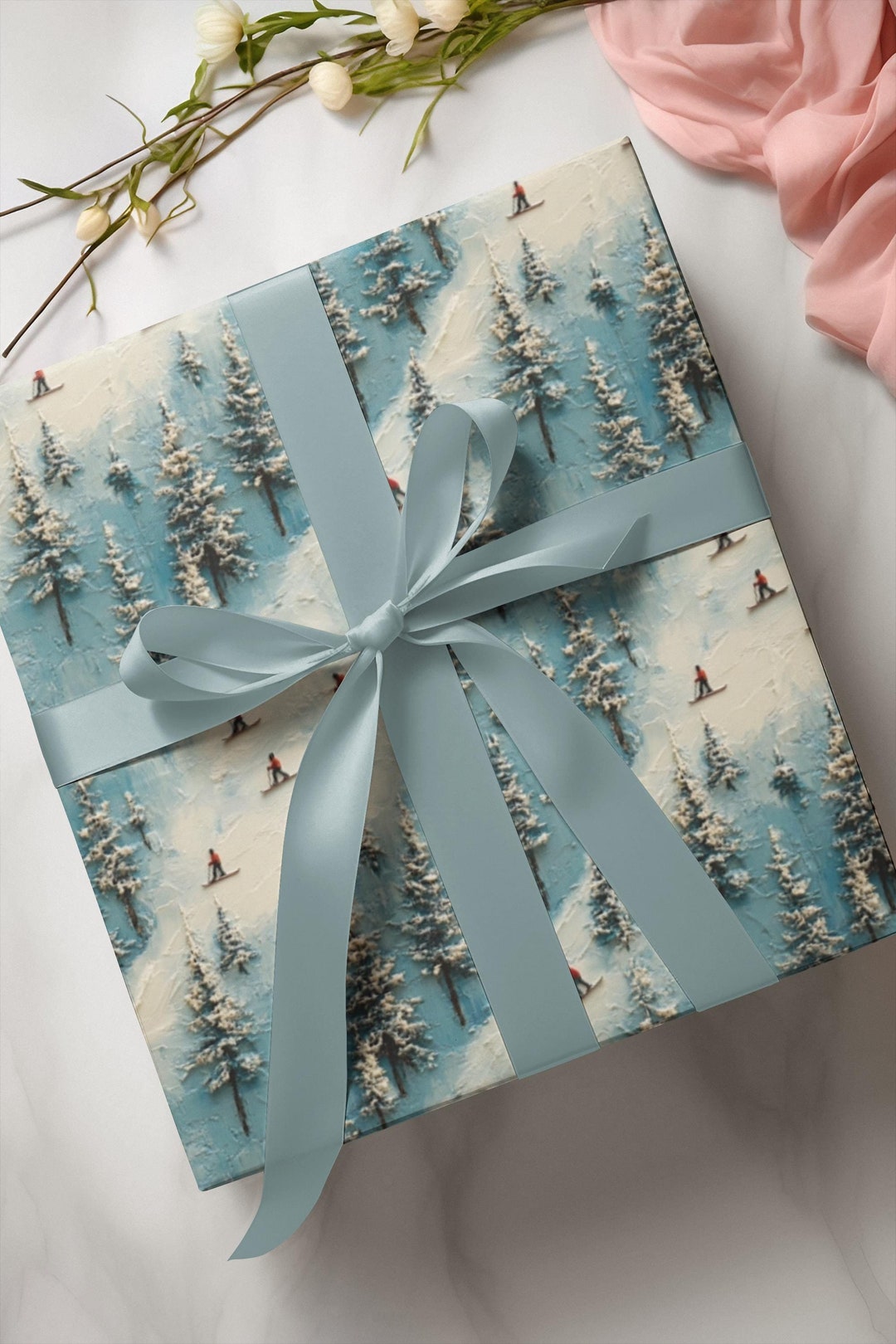 Gift Wrapping Paper With Tiny Skiers in a Winter Forest Ski Slopes - Etsy