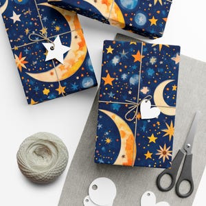 Celestial Gift Wrapping Paper: Vintage Space Theme, Galaxy Stars & Moon ...