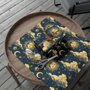 Vintage Blue Celestial Wrapping Paper With Moon, Sun, Clouds, Stars ...