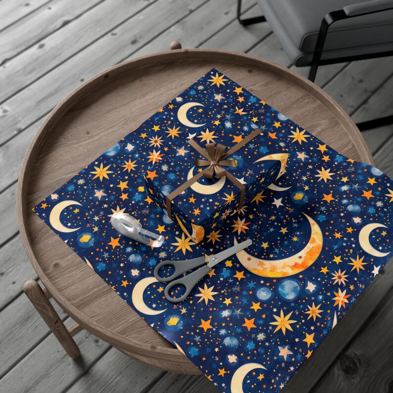 Celestial Gift Wrapping Paper: Vintage Space Theme, Galaxy Stars & Moon ...