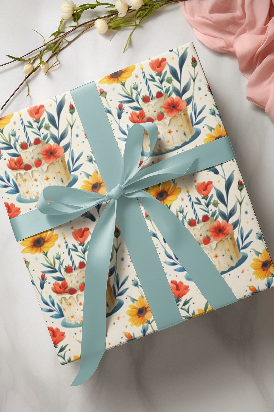 Floral Birthday Gift Wrapping Paper, Feminine Aesthetic Paper in Sheets ...