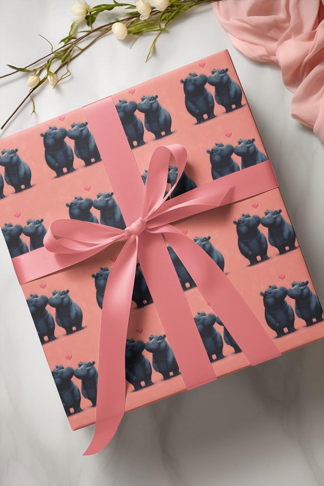 Hippo Gift Wrapping Paper, Hippopotamus Love, Present Wrap for Loved ...