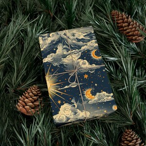 Celestial Gift Wrapping Paper, Vintage Blue Gift Wrap With Moon and ...