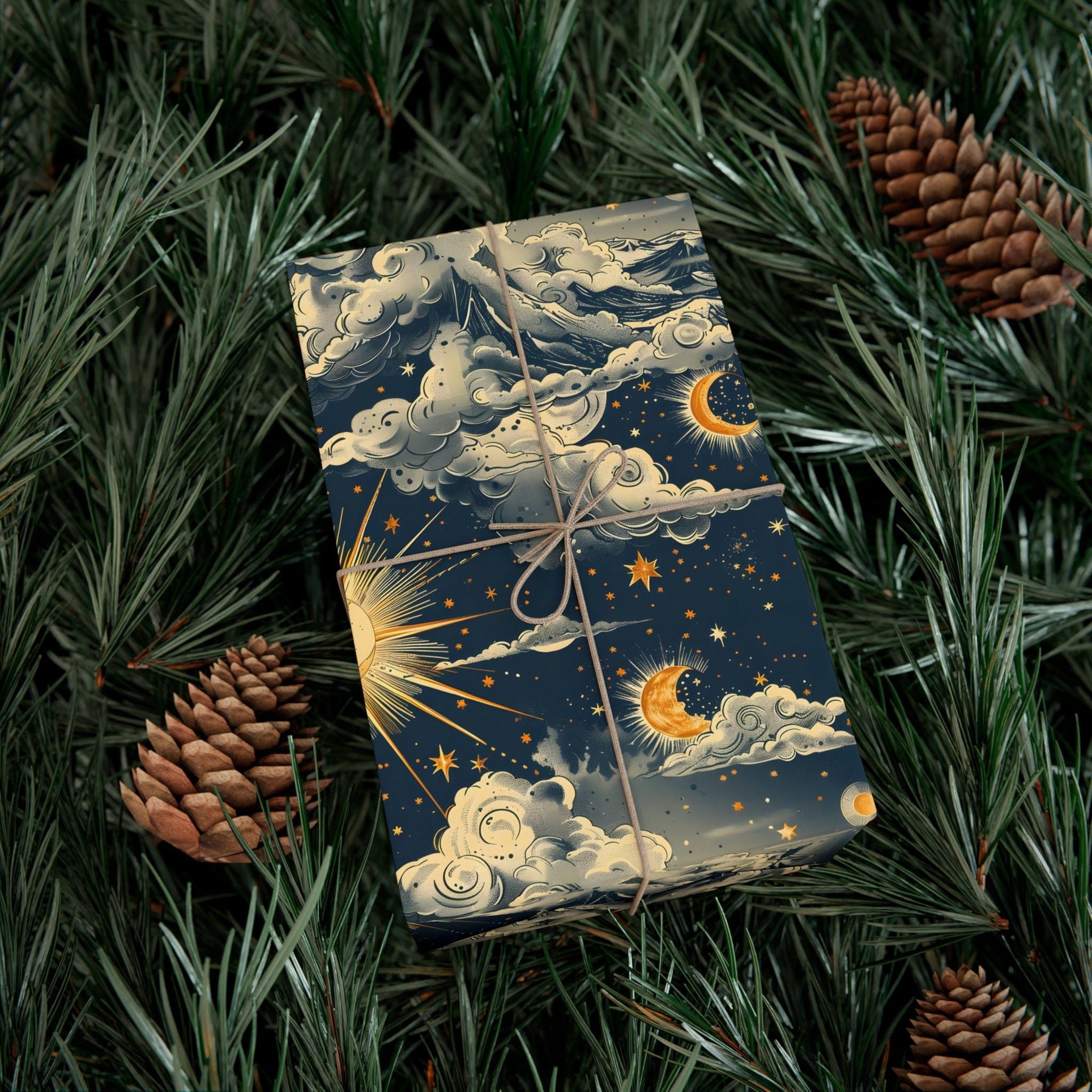 Celestial Gift Wrapping Paper, Vintage Blue Gift Wrap With Moon and ...