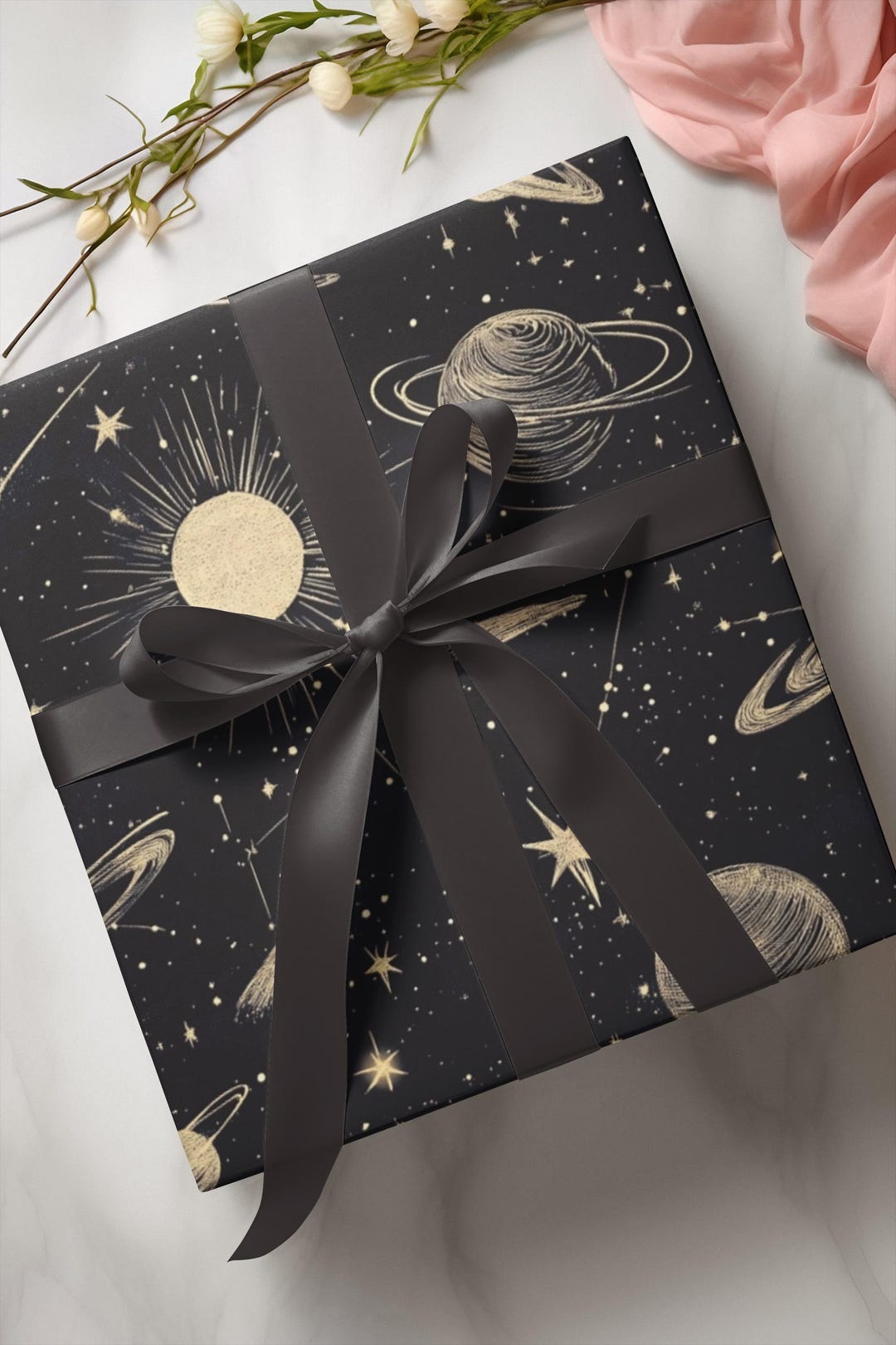Black Cosmic Gift Wrap: Vintage Celestial Stars & Planets - Etsy