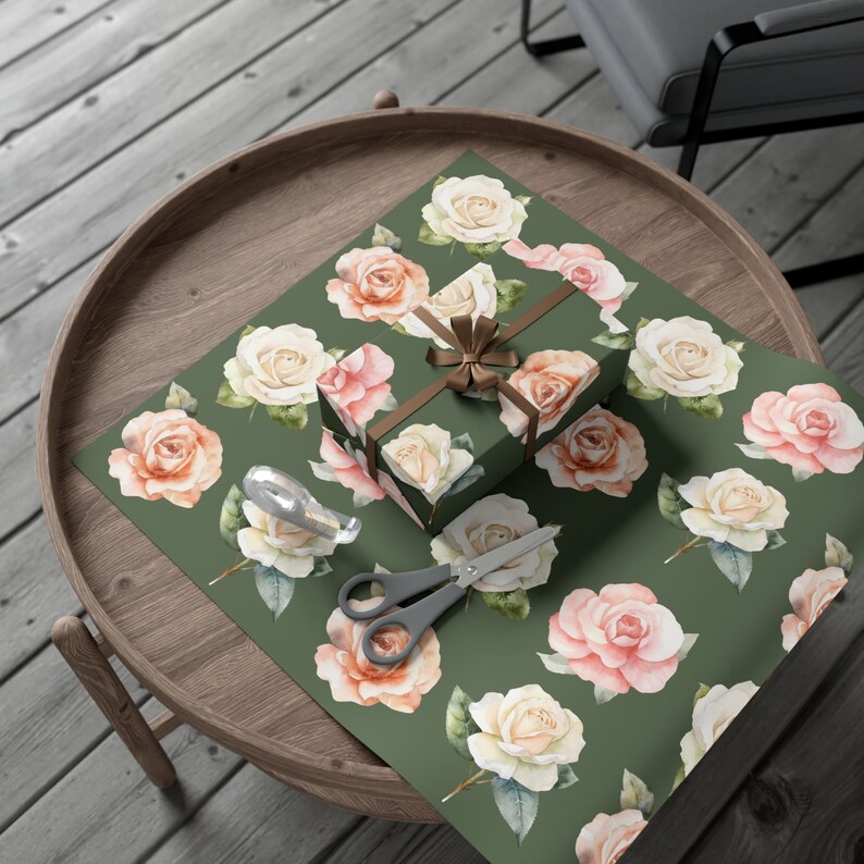 Gift Wrap Paper - Sage Green, Vintage Rose Pattern, June Birthday ...