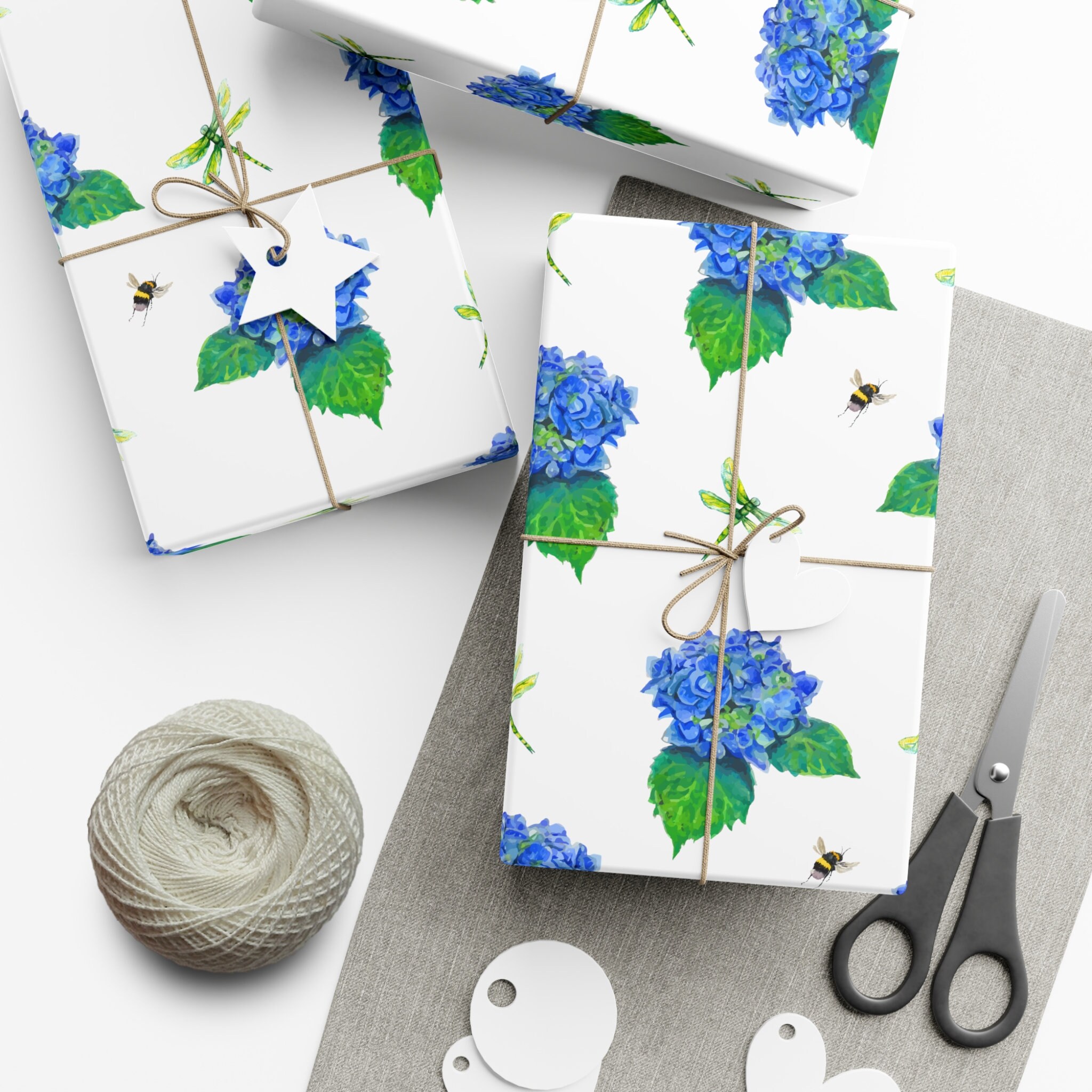 Blue Hortensia Gift Rapping Paper With Hydrangeas, Botanical Present ...