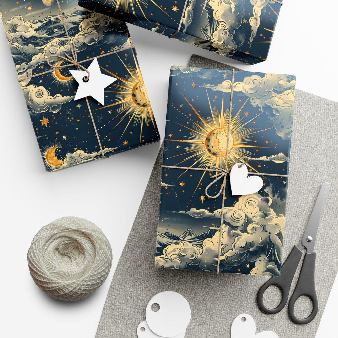 Celestial Gift Wrapping Paper, Vintage Blue Gift Wrap With Moon and ...