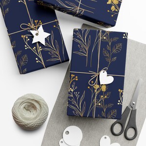 Gift Wrapping Paper, Dainty Floral Design, Midnight Blue Present Wrap ...