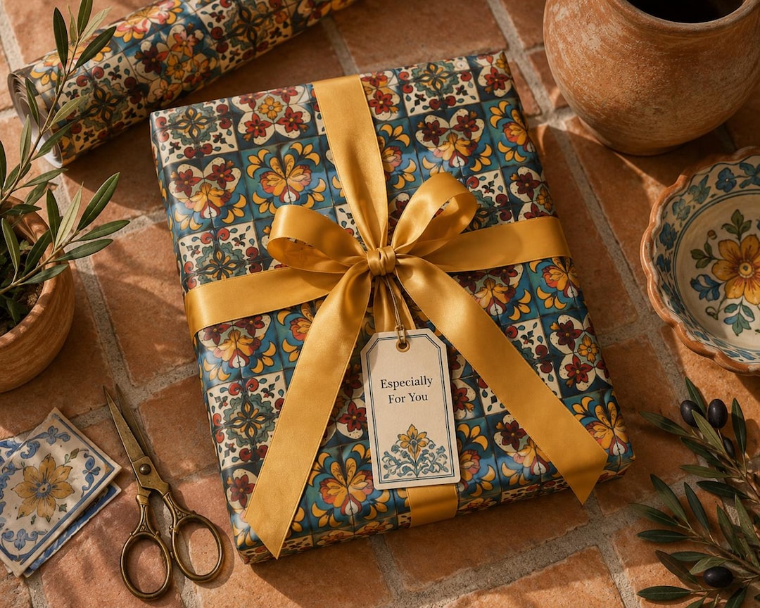 Mediterranean Tile Gift Wrapping Paper, Spanish Ceramic Present Wrap ...