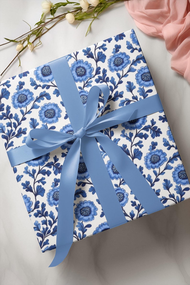 Blue Floral Gift Wrap: Vintage Porcelain Style, Special Occasion - Etsy