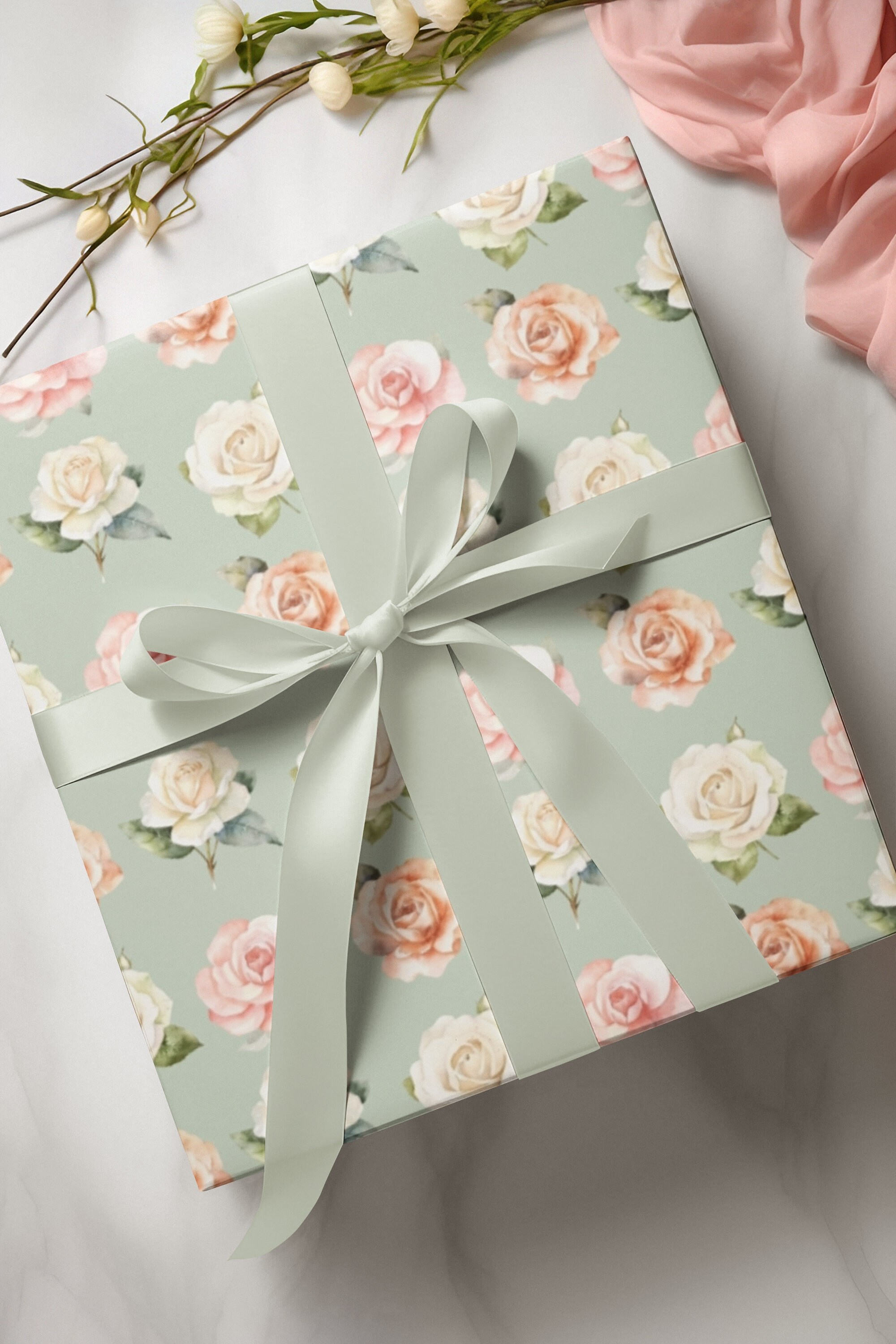 Sage Green Gift Wrapping Paper With Roses, June Birthmonth Flower Gift ...