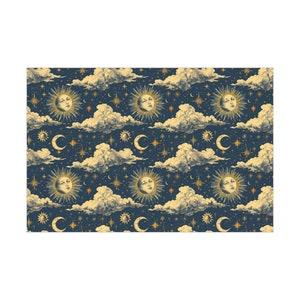 Vintage Blue Celestial Wrapping Paper With Moon, Sun, Clouds, Stars ...