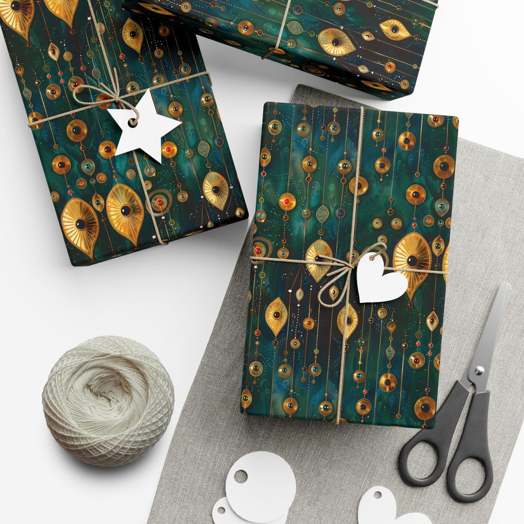 Green Evil Eye Gift Wrapping Paper in Art Nouveau Style, Christmas ...
