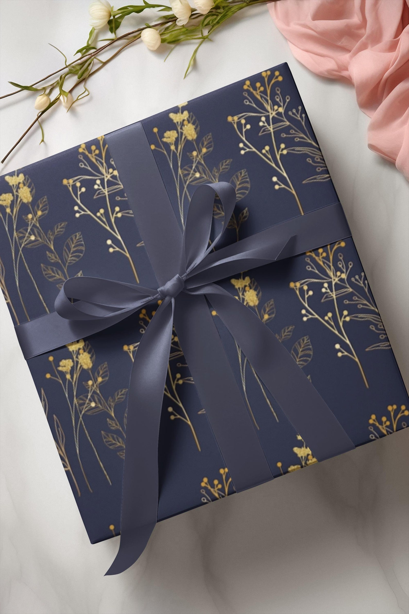 Gift Wrapping Paper, Dainty Floral Design, Midnight Blue Present Wrap ...