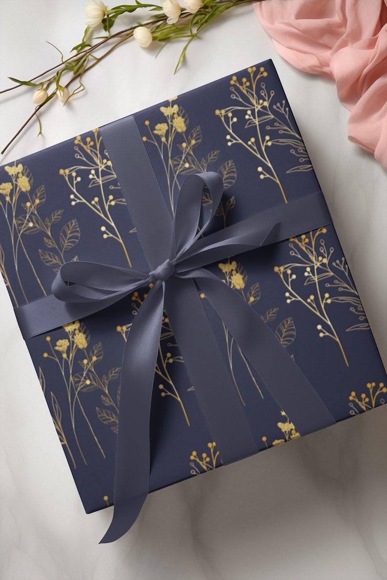 Gift Wrapping Paper, Dainty Floral Design, Midnight Blue Present Wrap ...