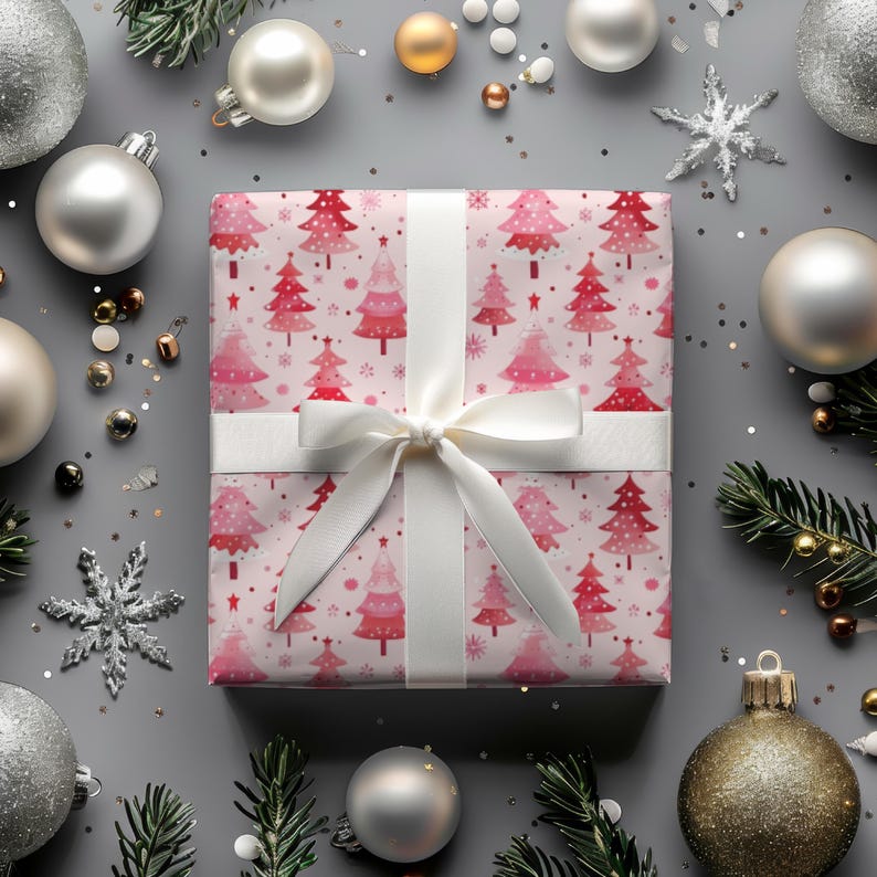 Pastel Pink Christmas Wrapping Paper With Adorable X-mass Trees ...