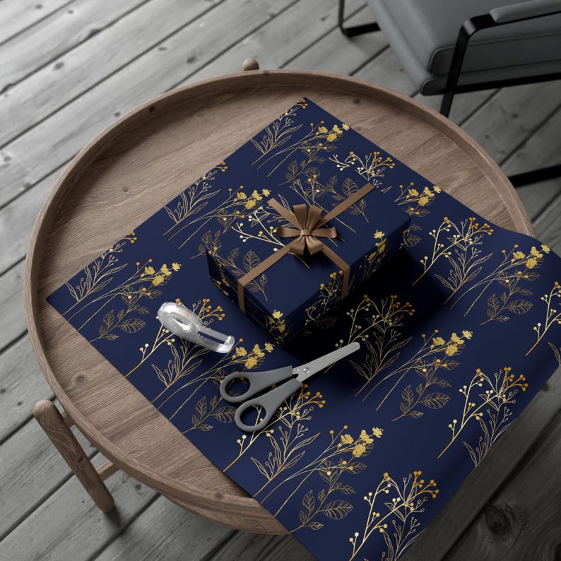 Gift Wrapping Paper, Dainty Floral Design, Midnight Blue Present Wrap ...