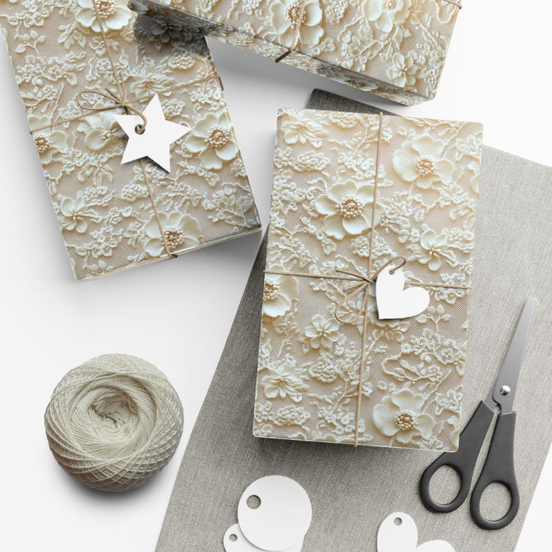 Wedding Gift Wrapping Paper, Vintage Creamy Beige Floral Embroidery ...