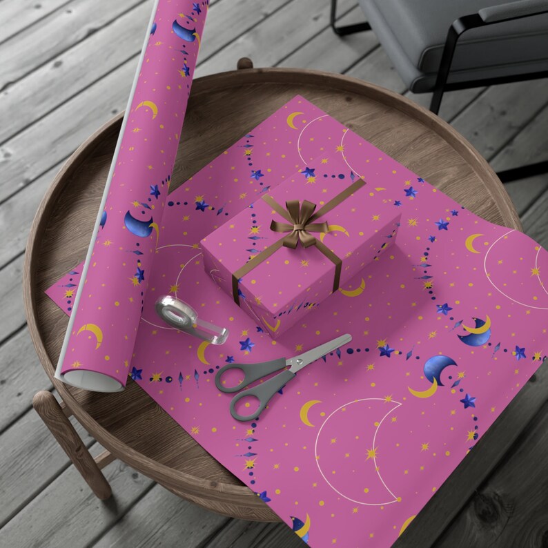 Wrapping Paper, Pink With Moons and Stars, Girly Present Wrap, Moon ...