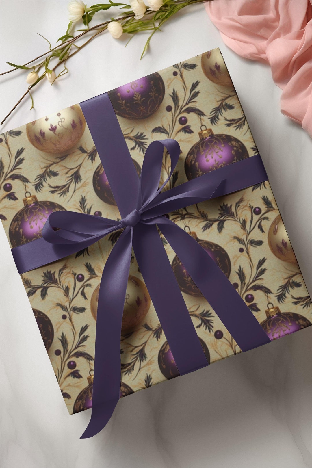 Victorian Christmas Gift Wrapping Paper, Purple Ornaments, Vintage ...