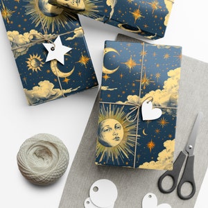Vintage Blue Celestial Wrapping Paper With Moon, Sun, Clouds, Stars ...