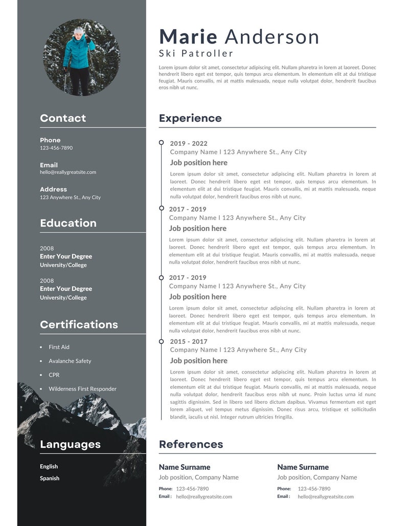 One Page Ski Patrol, Outdoor, Mountain Resume Template in Canva - Etsy