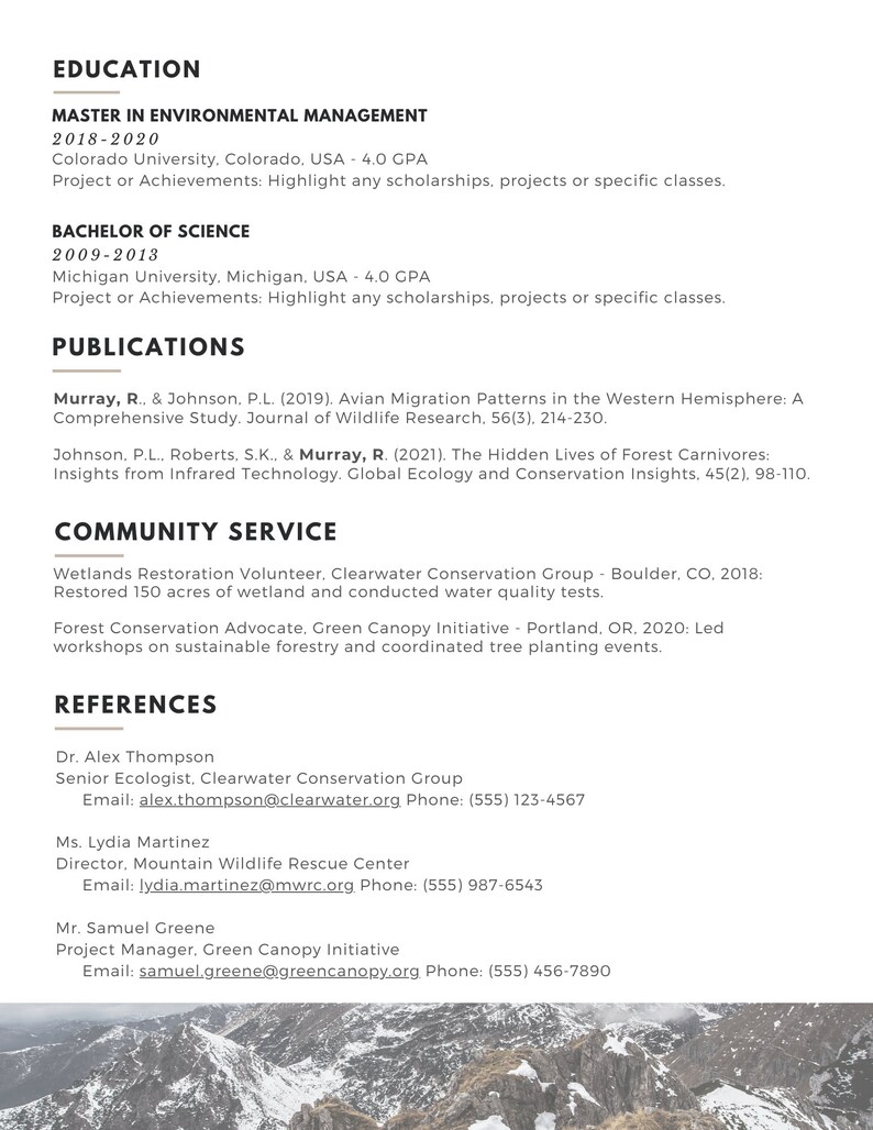 Mountain Mosaic: Resume Template in Canva for Conservation, Wildlife ...