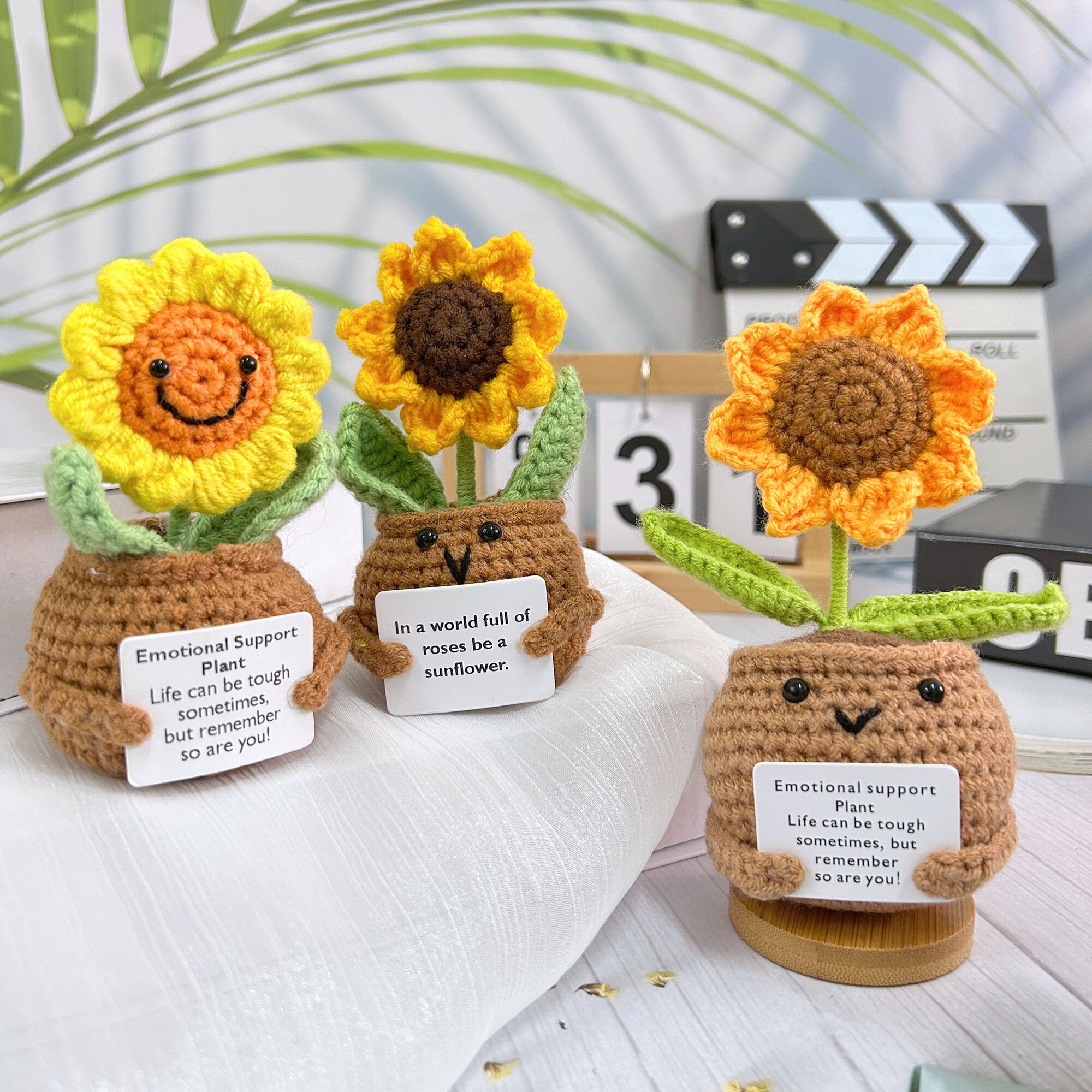 4different Styles Crochet Sunflower Pot With Positive Quote,handmade ...