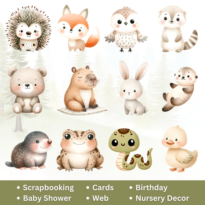 Woodland Watercolor Baby Animals PNG Bundle - Lovely Forest Animals ...