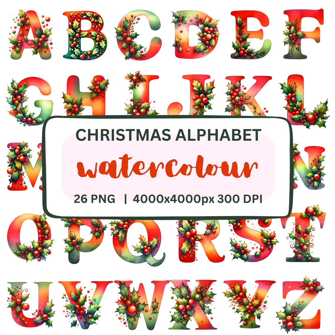 Christmas Watercolor Alphabet Clipart Downloadable - Etsy