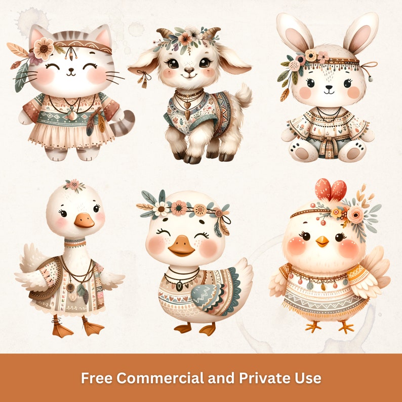 Boho Farm Animal PNG Bundle Clipart Cute and Sweet Whimsy Watercolor ...