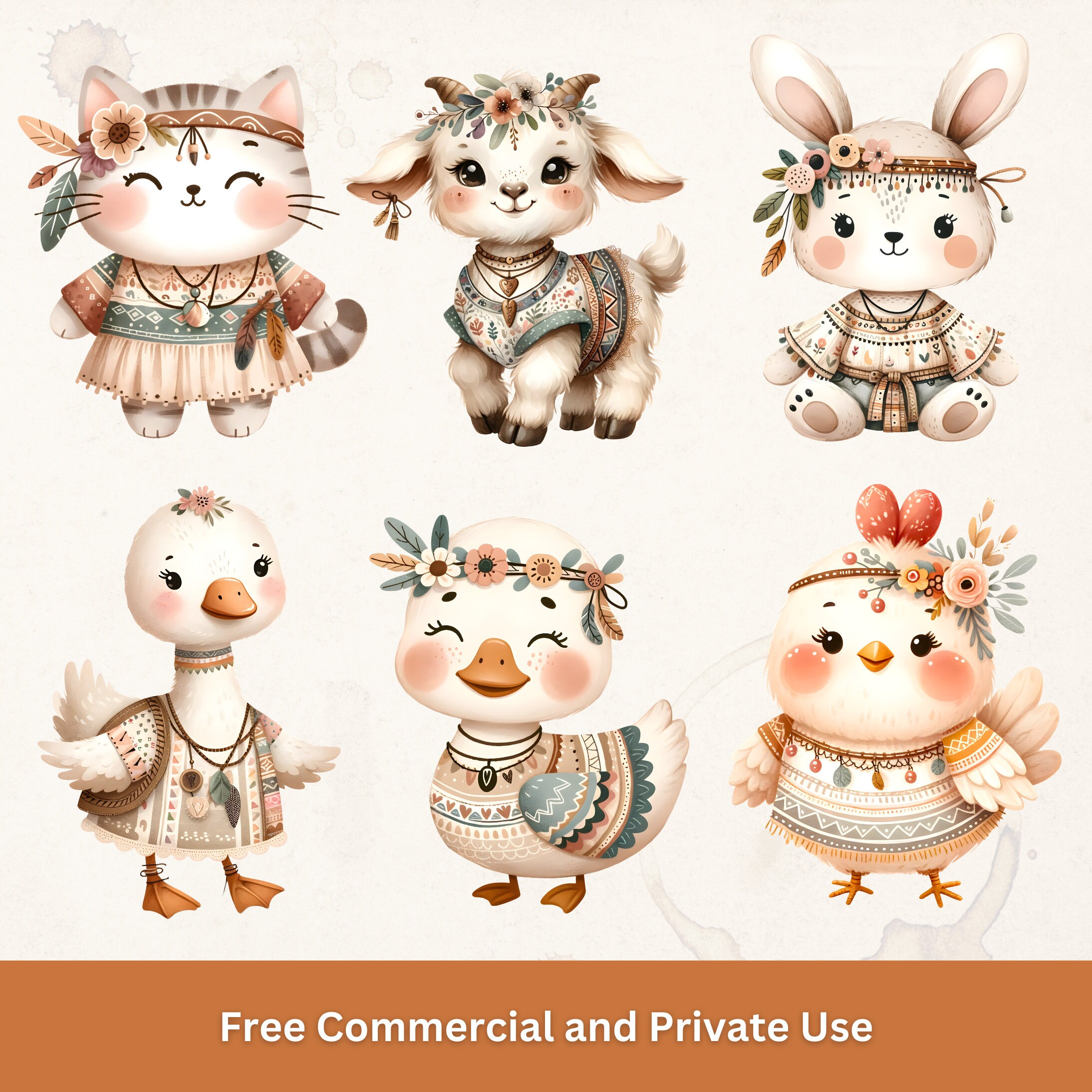 Boho Farm Animal PNG Bundle Clipart Cute and Sweet Whimsy Watercolor ...