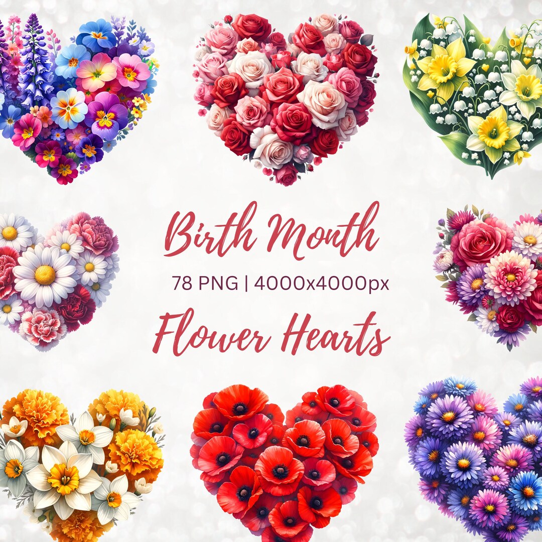 Birth Month Flower Heart PNG Clipart Bundle - Birth Month Flower ...