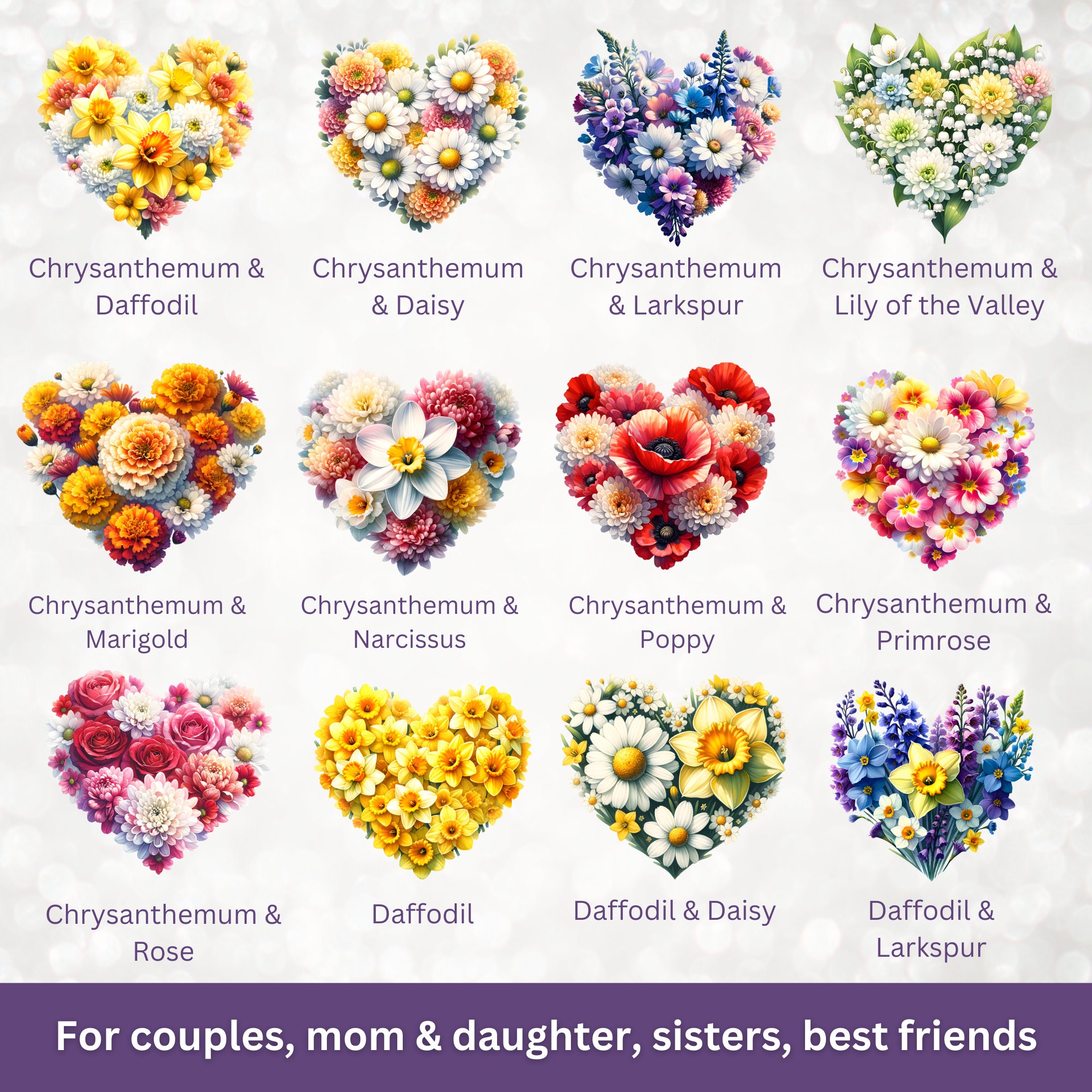 Birth Month Flower Heart PNG Clipart Bundle - Birth Month Flower ...